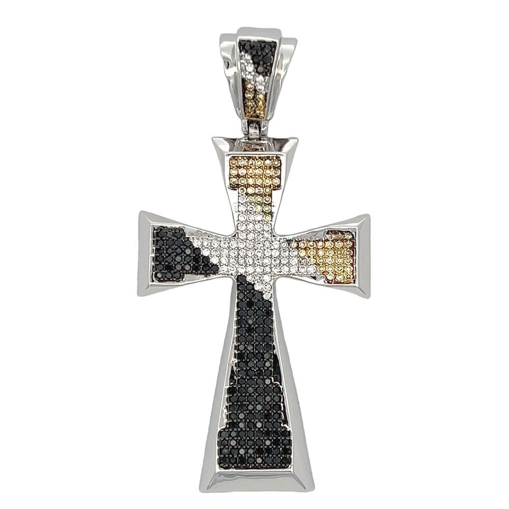 Tapered Cross Diagonal White Black & Yellow CZ Iced Out Pendant ...