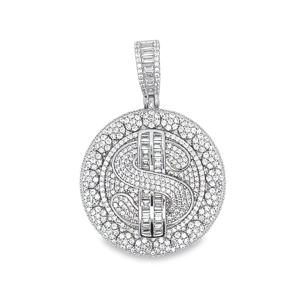 .925 Silver Dollar Sign $ Cluster Medallion CZ Iced Out Pendant ...